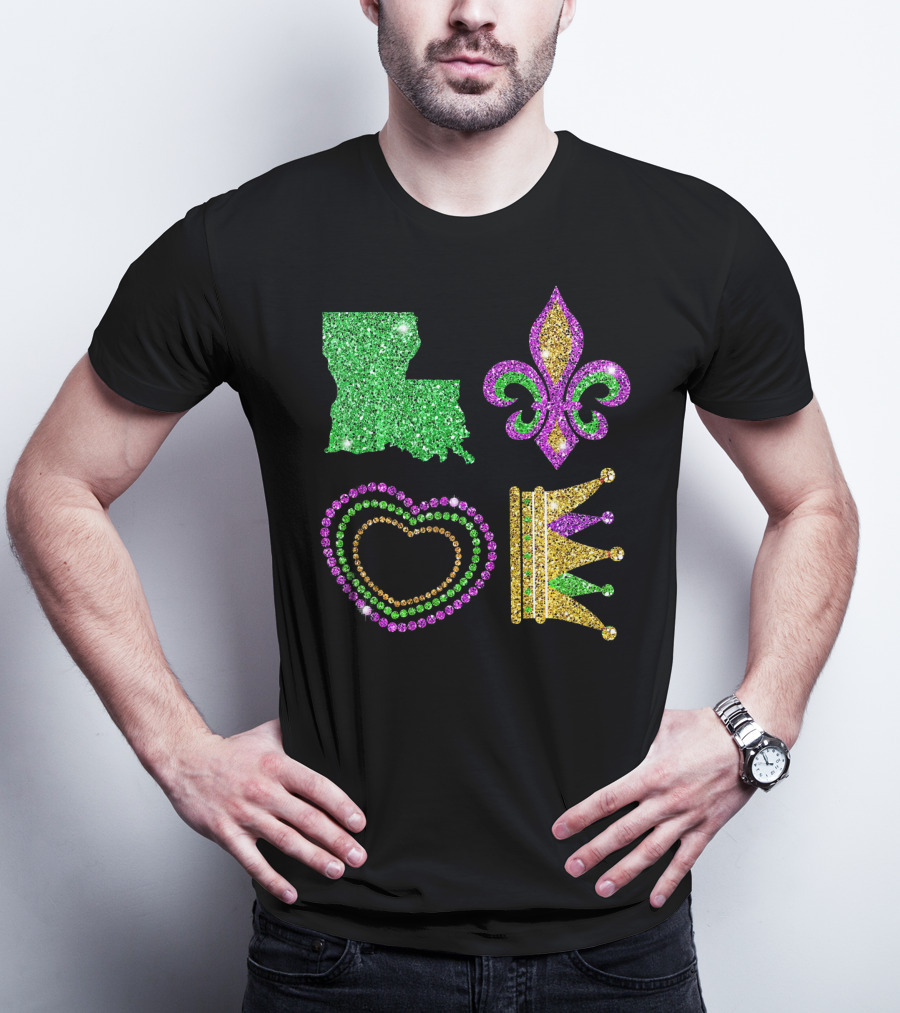 Love Mardi Gras Funny New Orleans Mardi Louisiana Glitter Fleur-de-Lis Heart Crown T-Shirt