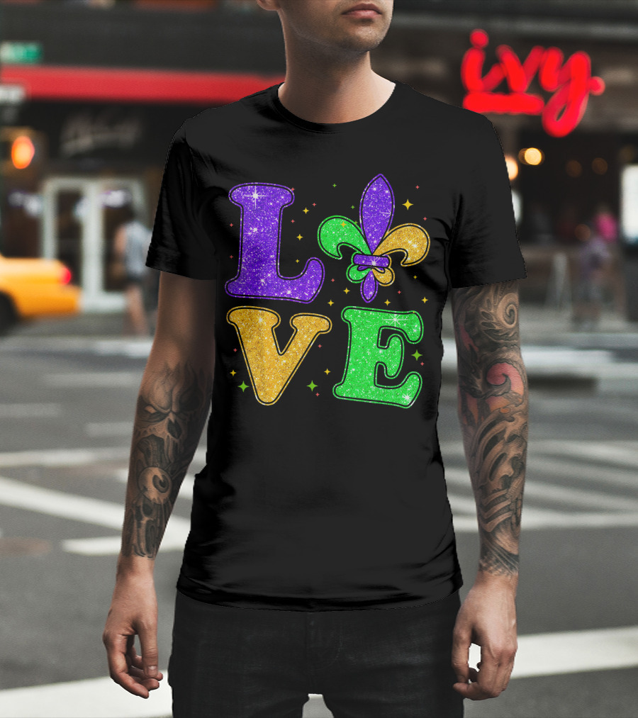 Love Mardi Gras Fleur De Lis Glitter T-Shirt