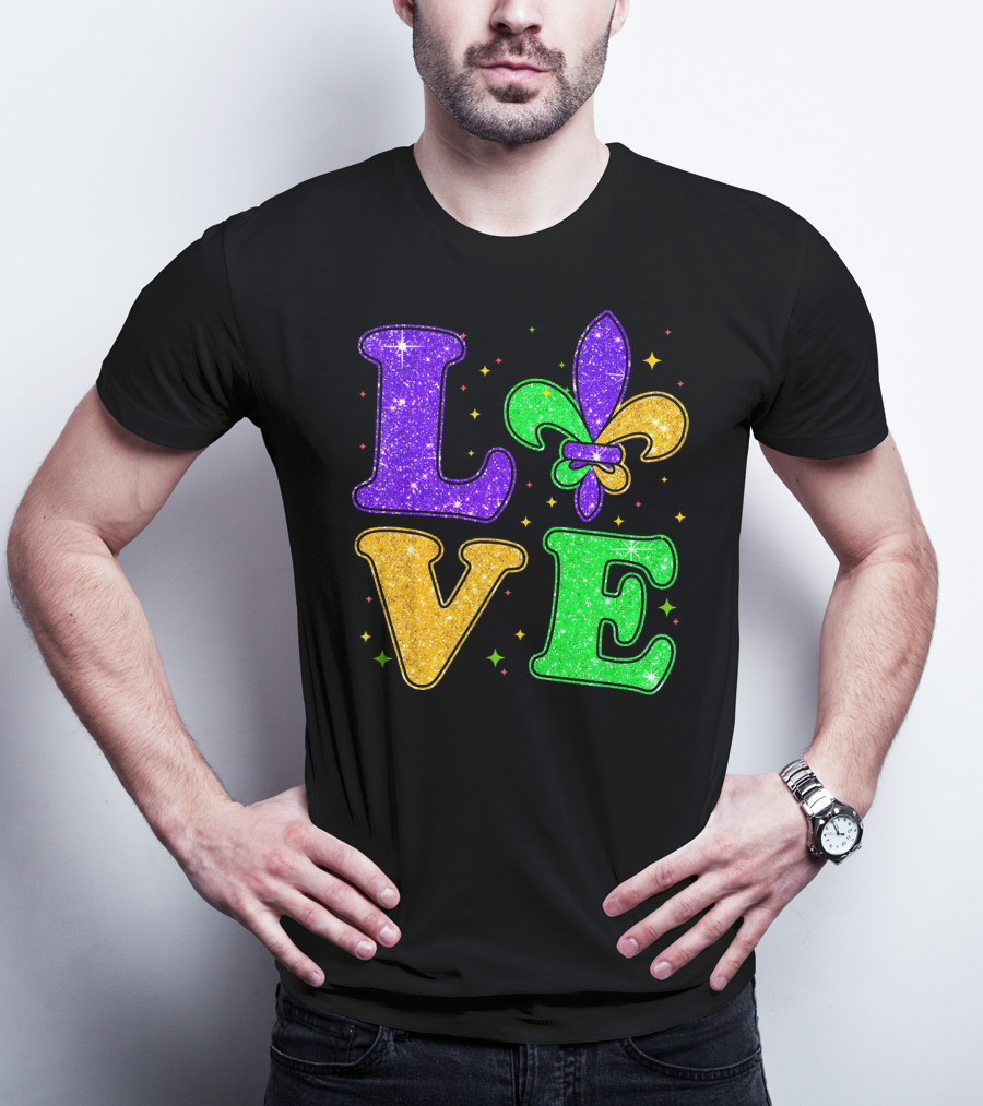 Love Mardi Gras Fleur De Lis Glitter T-Shirt