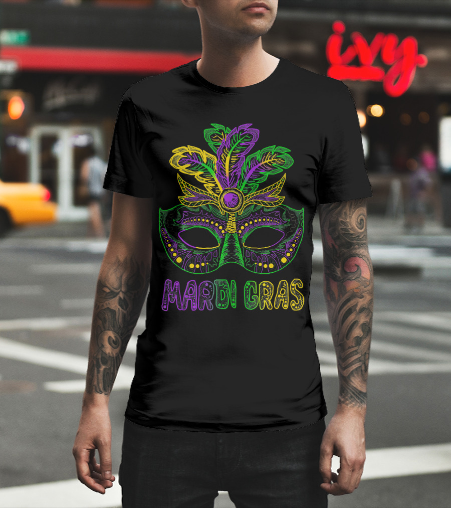 Mardi Gras Mask With Colorful Feather T-Shirt