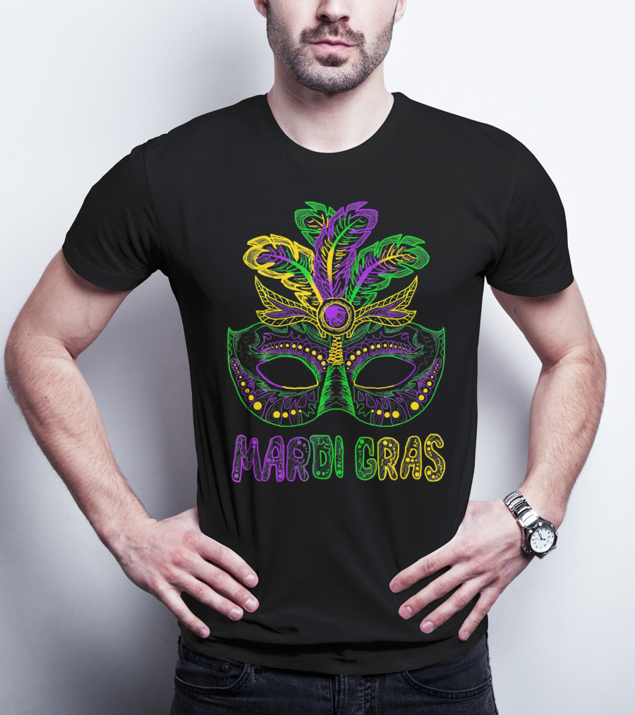 Mardi Gras Mask With Colorful Feather T-Shirt