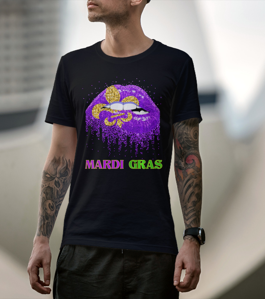 Mardi Gras Costume Funny Lips Glitter Fleur-de-lis T-Shirt