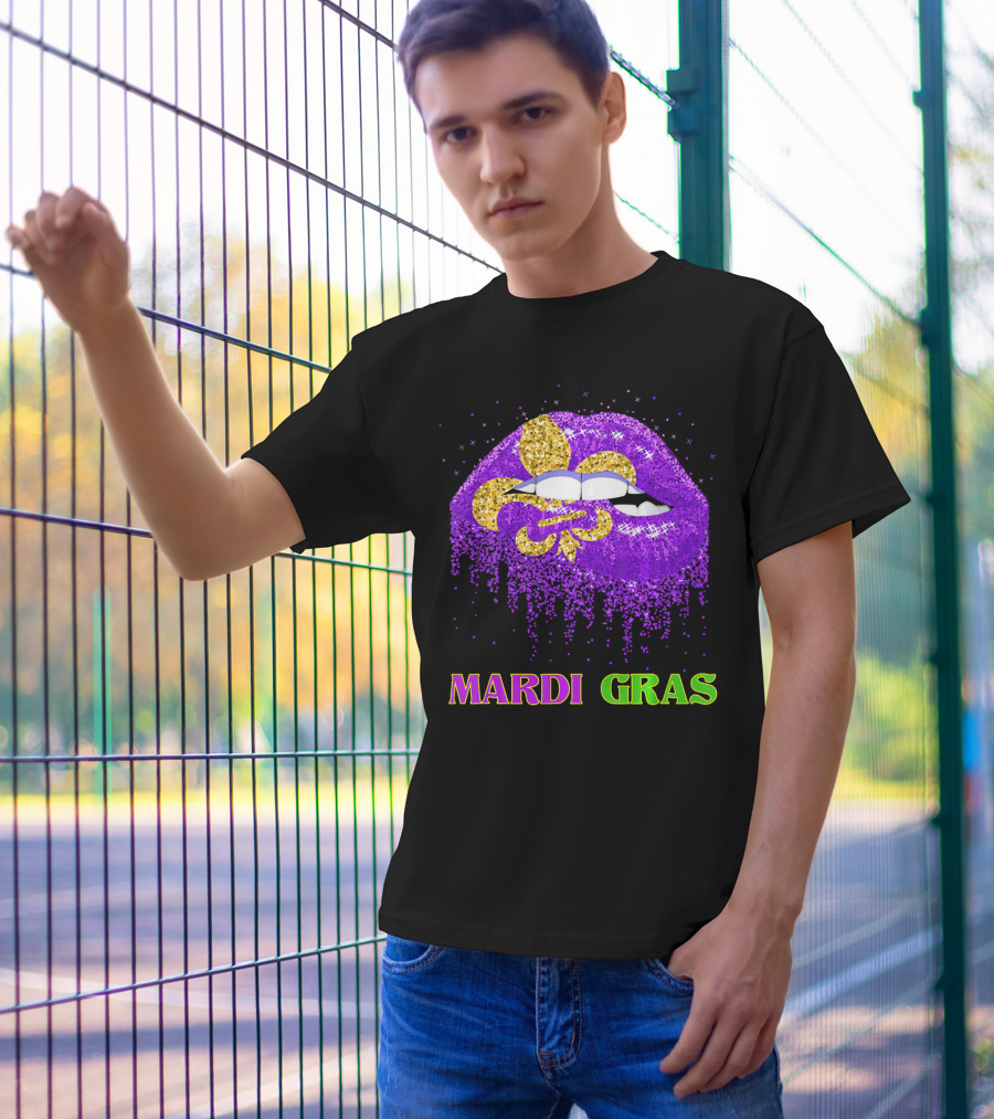 Mardi Gras Costume Funny Lips Glitter Fleur-de-lis T-Shirt