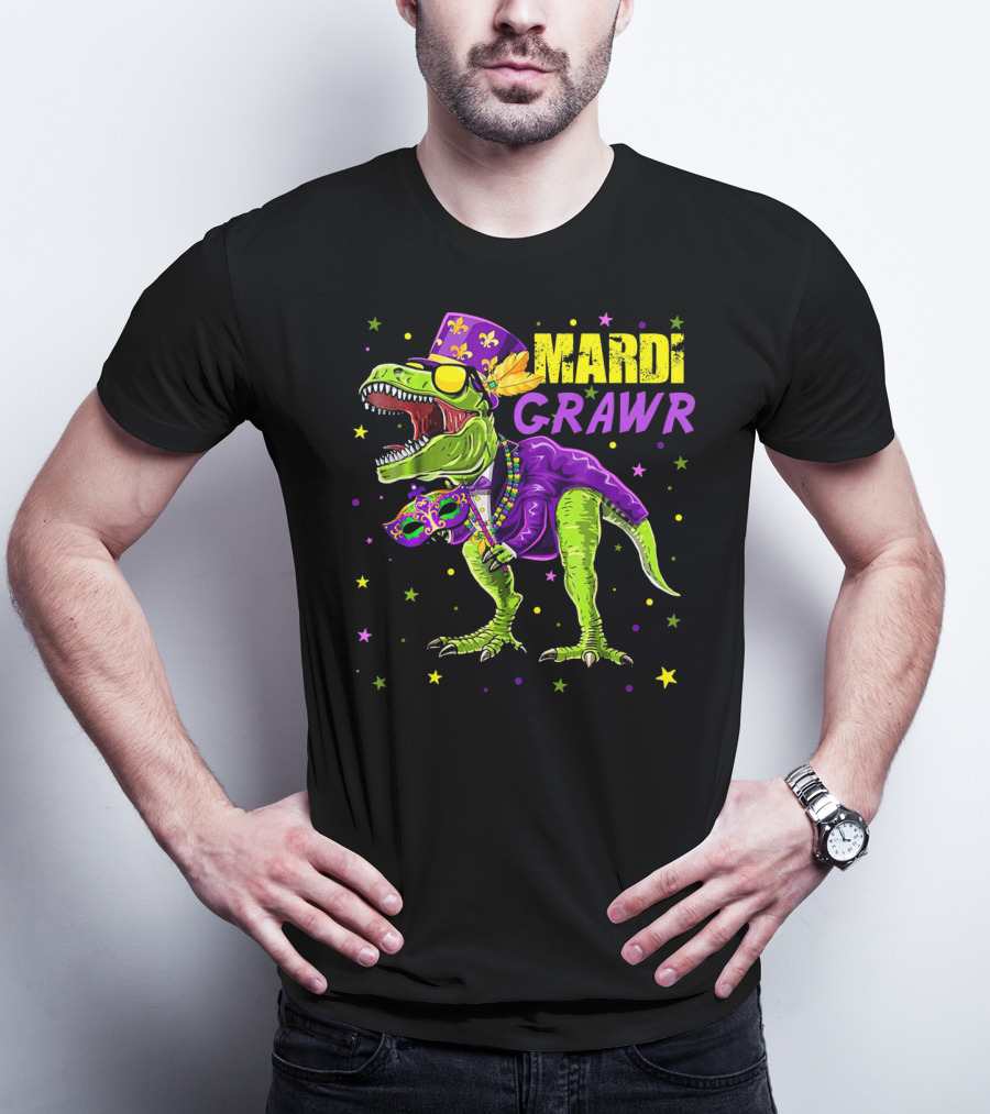 Kids Mardi Gras Dinosaur Mardi Grawr Rex Bea T-Shirt