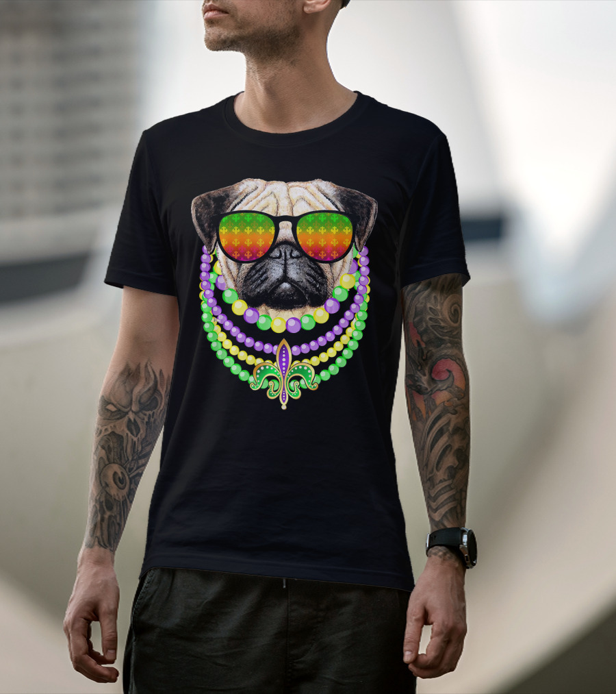 Pug With Beads And Sunglasses Fleur-de-Lis Mardi Gras T-Shirt