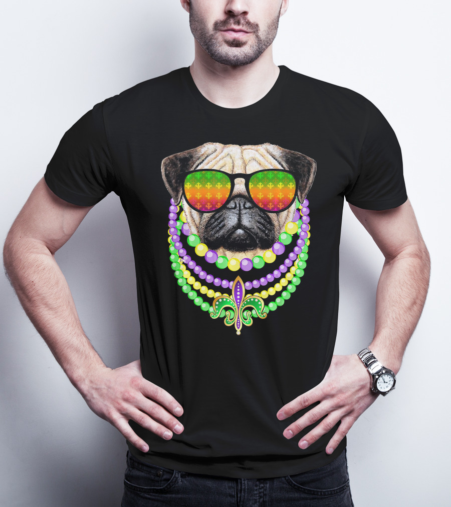 Pug With Beads And Sunglasses Fleur-de-Lis Mardi Gras T-Shirt