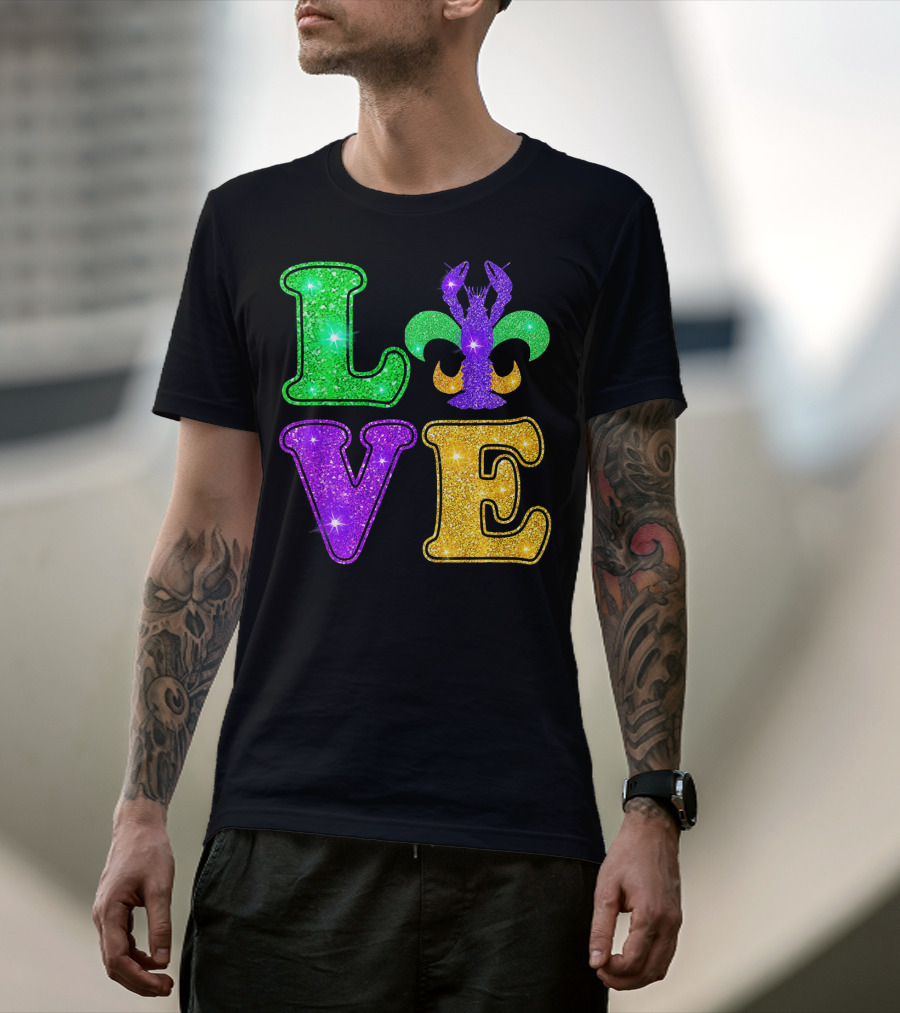 Mardi Gras Love Glitter Fleur De Lis Crawfish T-Shirt
