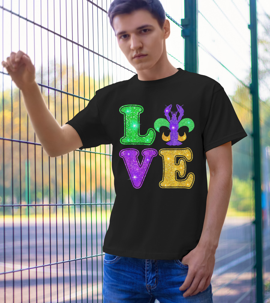 Mardi Gras Love Glitter Fleur De Lis Crawfish T-Shirt
