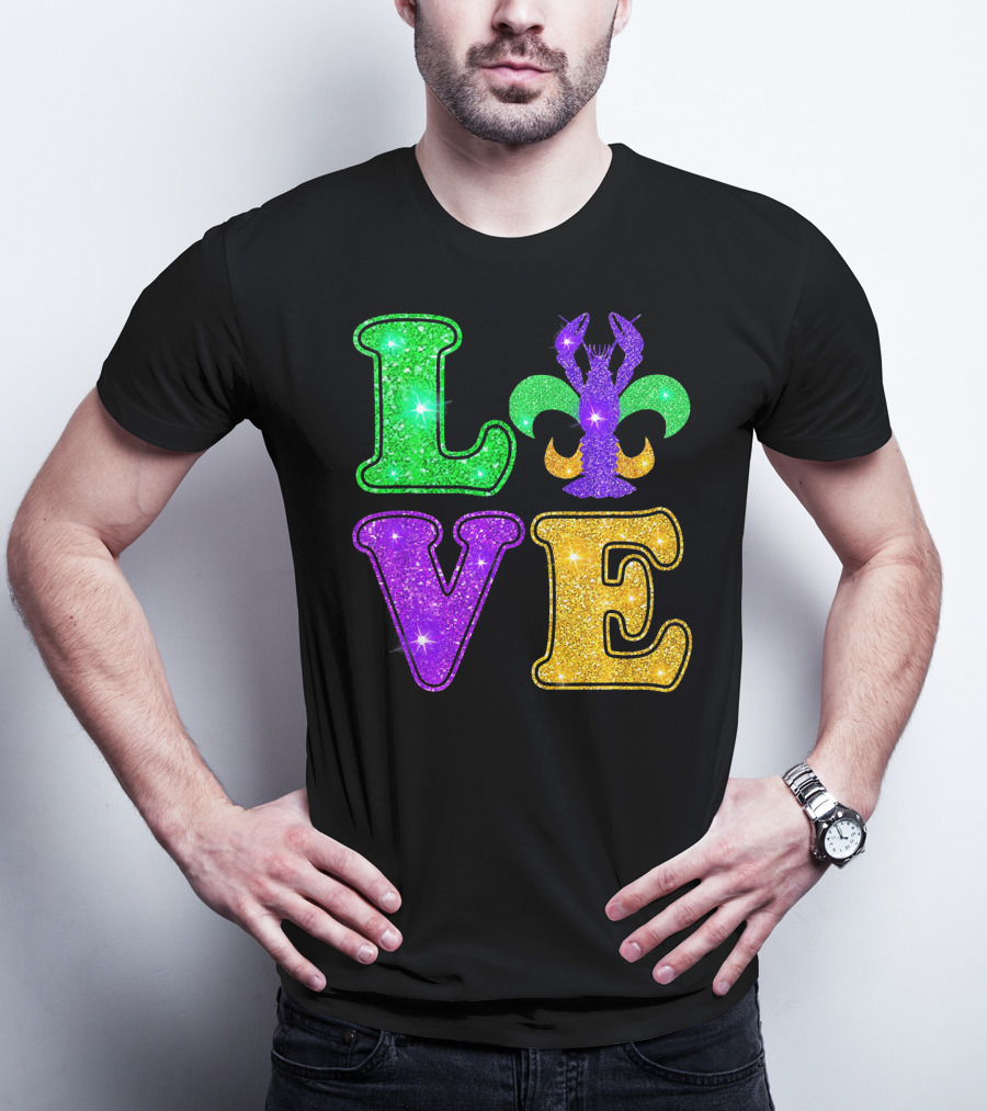 Mardi Gras Love Glitter Fleur De Lis Crawfish T-Shirt