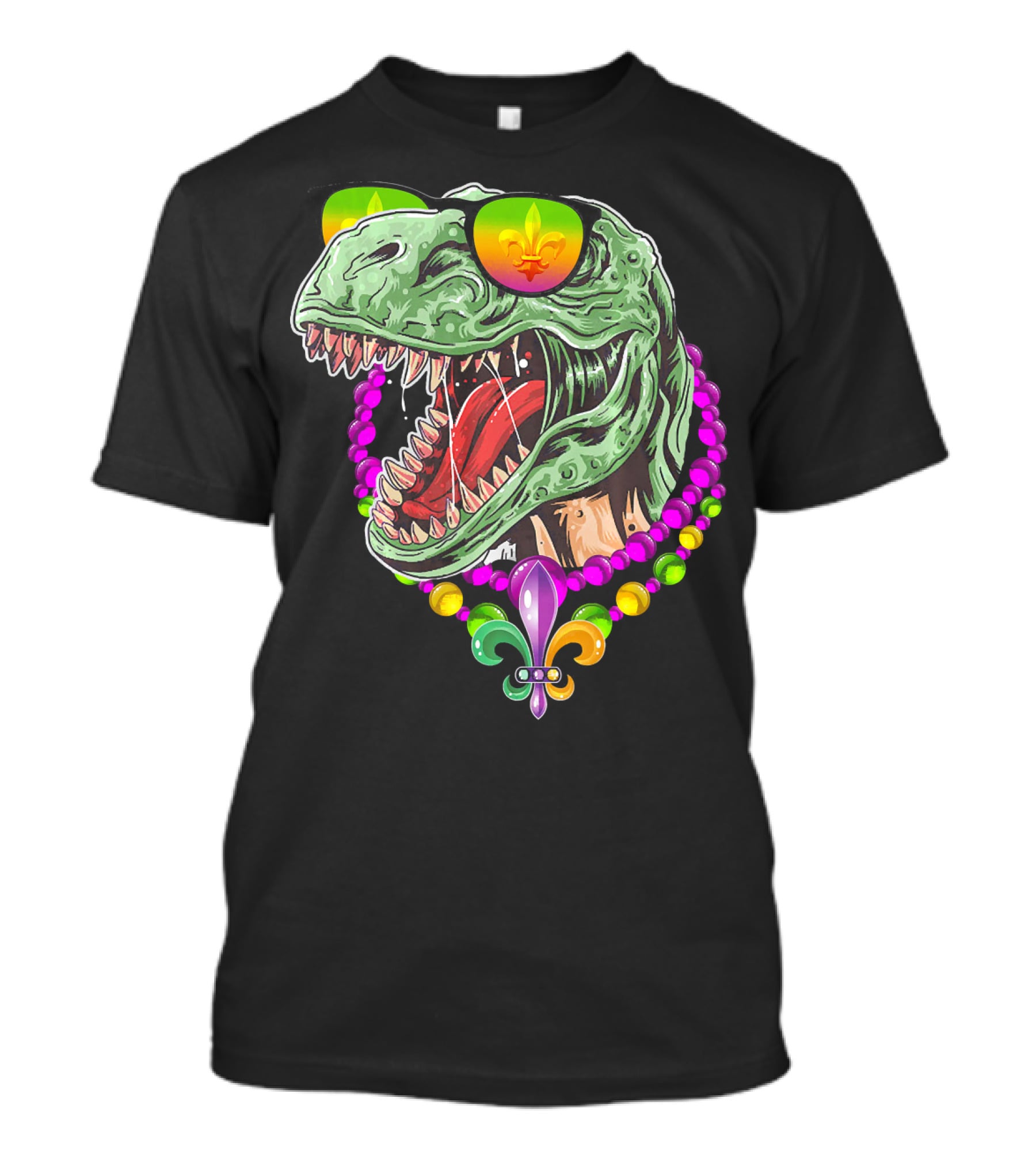 Dinosaur Rex Mardi Gras Beads With Fleur-de-Lis And Sunglasses T-Shirt
