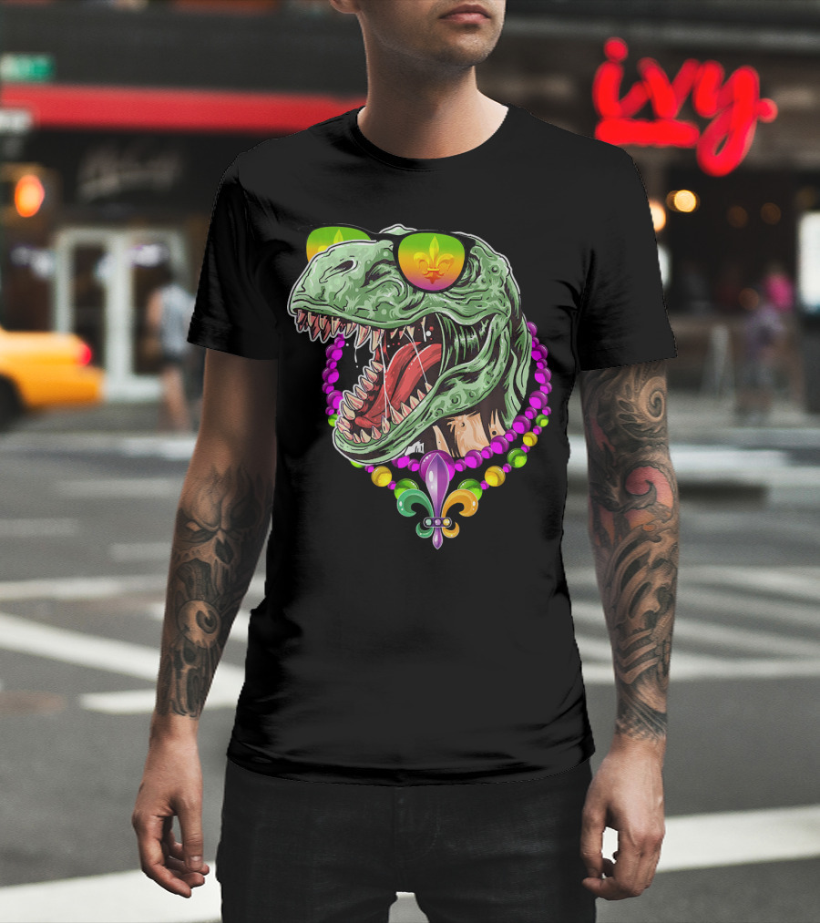 Dinosaur Rex Mardi Gras Beads With Fleur-de-Lis And Sunglasses T-Shirt