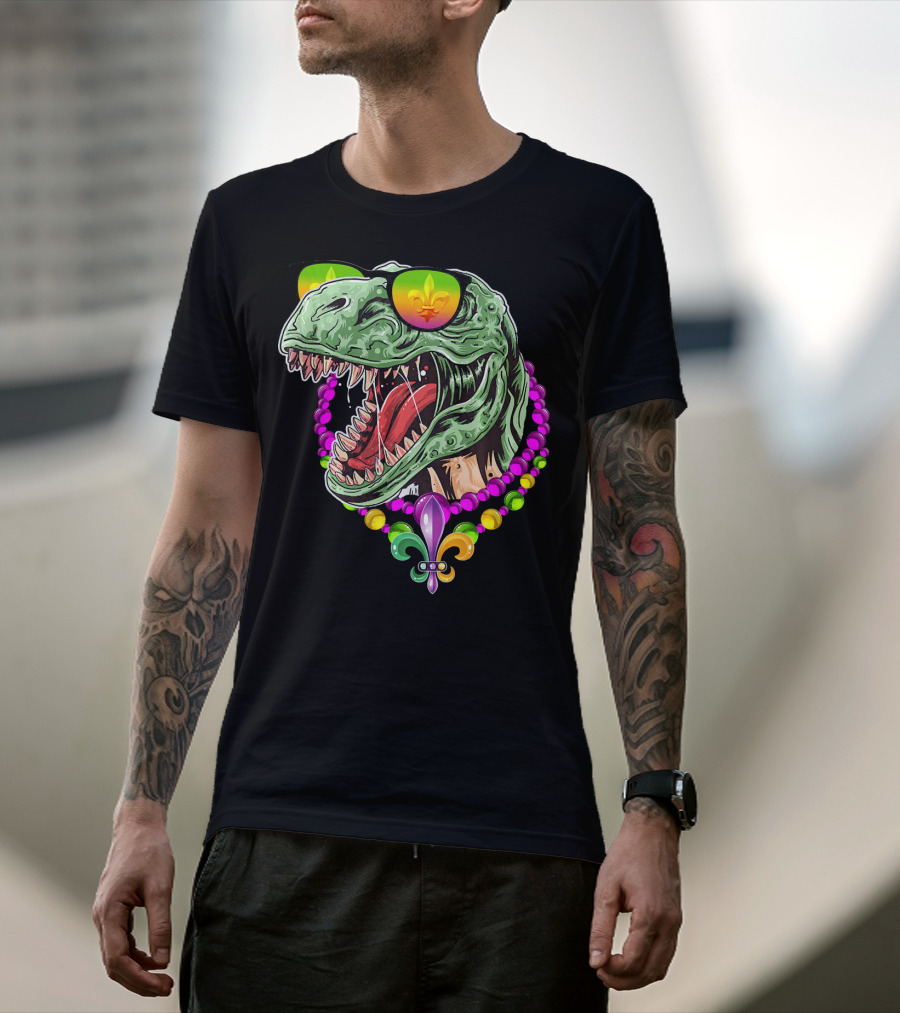 Dinosaur Rex Mardi Gras Beads With Fleur-de-Lis And Sunglasses T-Shirt