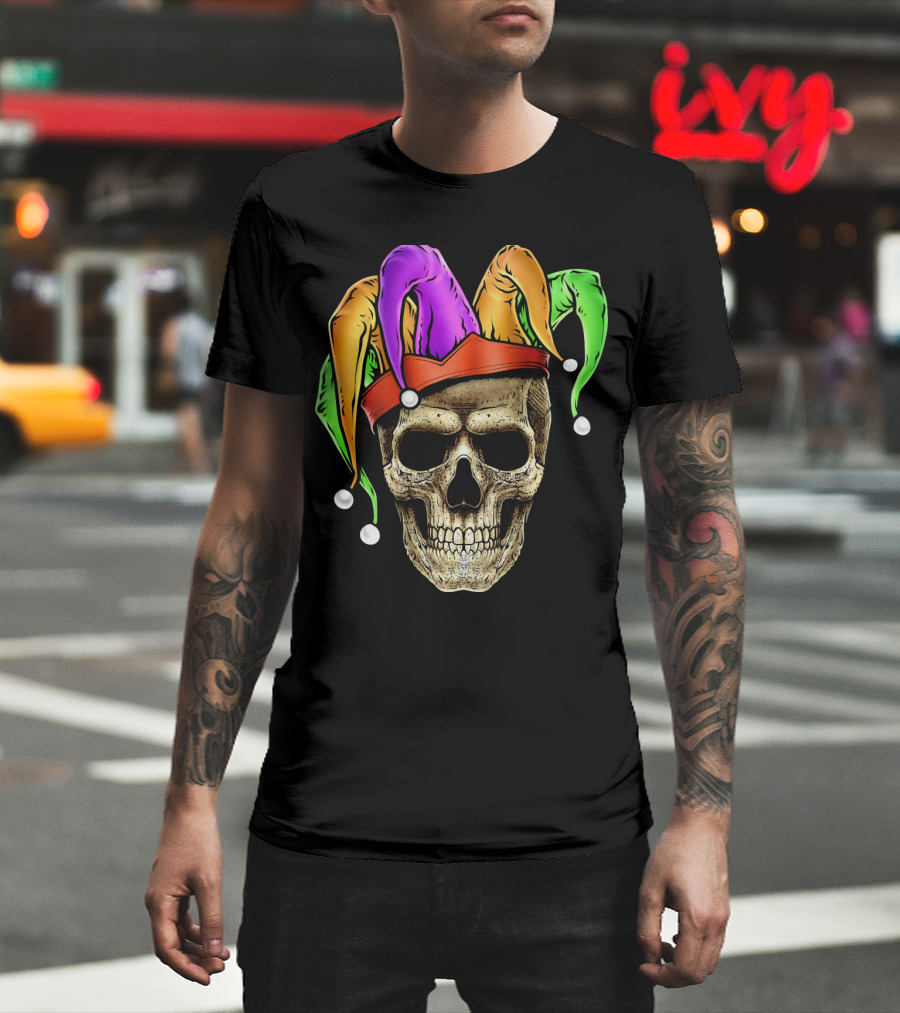 Skull Face Mardi Gras Jester Joker Colorful Hat T-Shirt