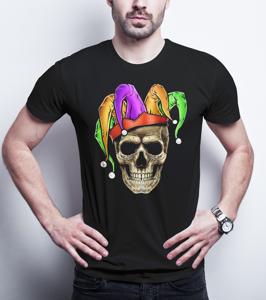 Skull Face Mardi Gras Jester Joker Colorful Hat T-Shirt