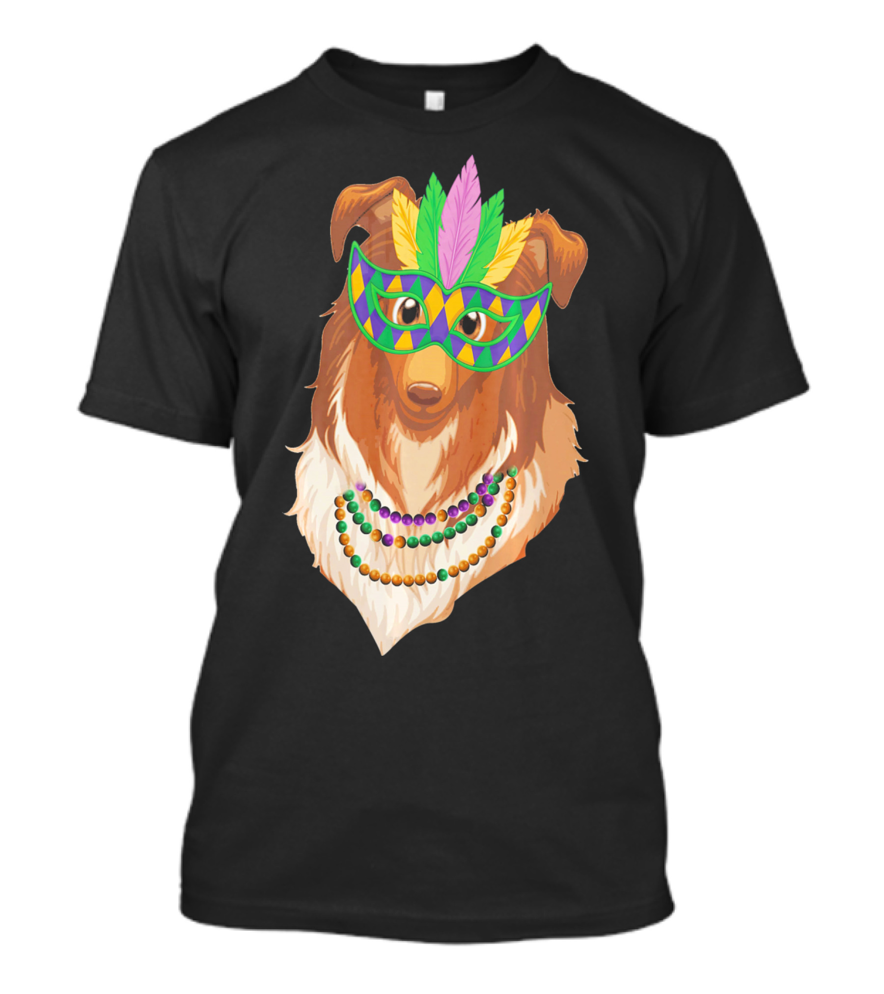 Collie Wearing Mardi Gras Mask And Beads T-Shirt