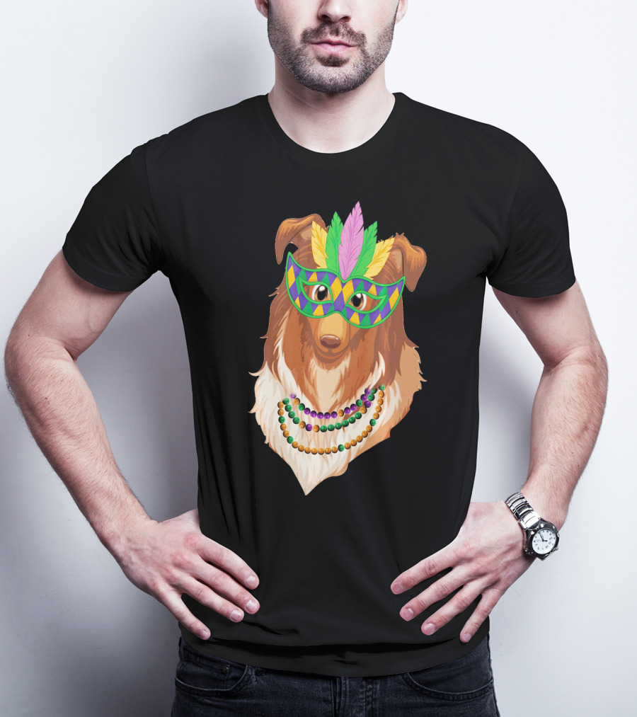 Collie Wearing Mardi Gras Mask And Beads T-Shirt