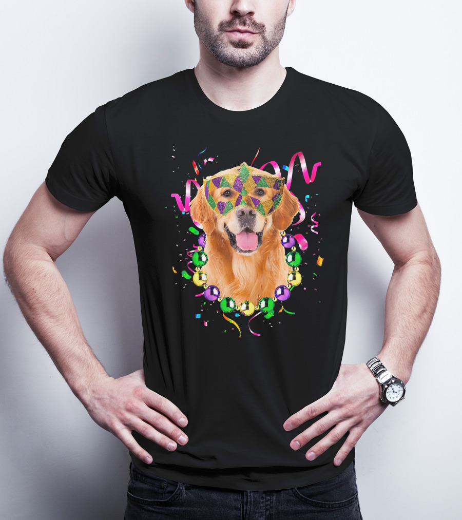 Golden Retriever Mardi Gras Mask And Beads T-Shirt