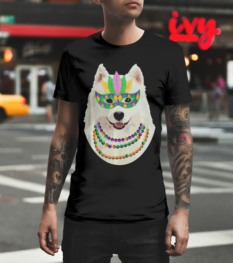 American Eskimo Dog Mardi Gras Mask Beads T-Shirt