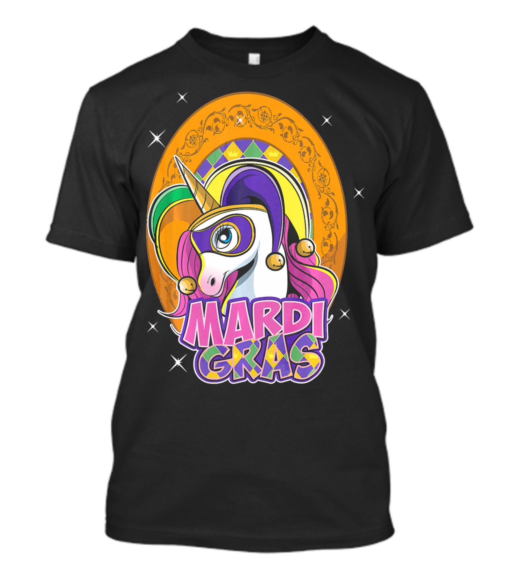 Mardi Gras Unicorn Mask Jester With Colorful Headpiece And Stars T-Shirt