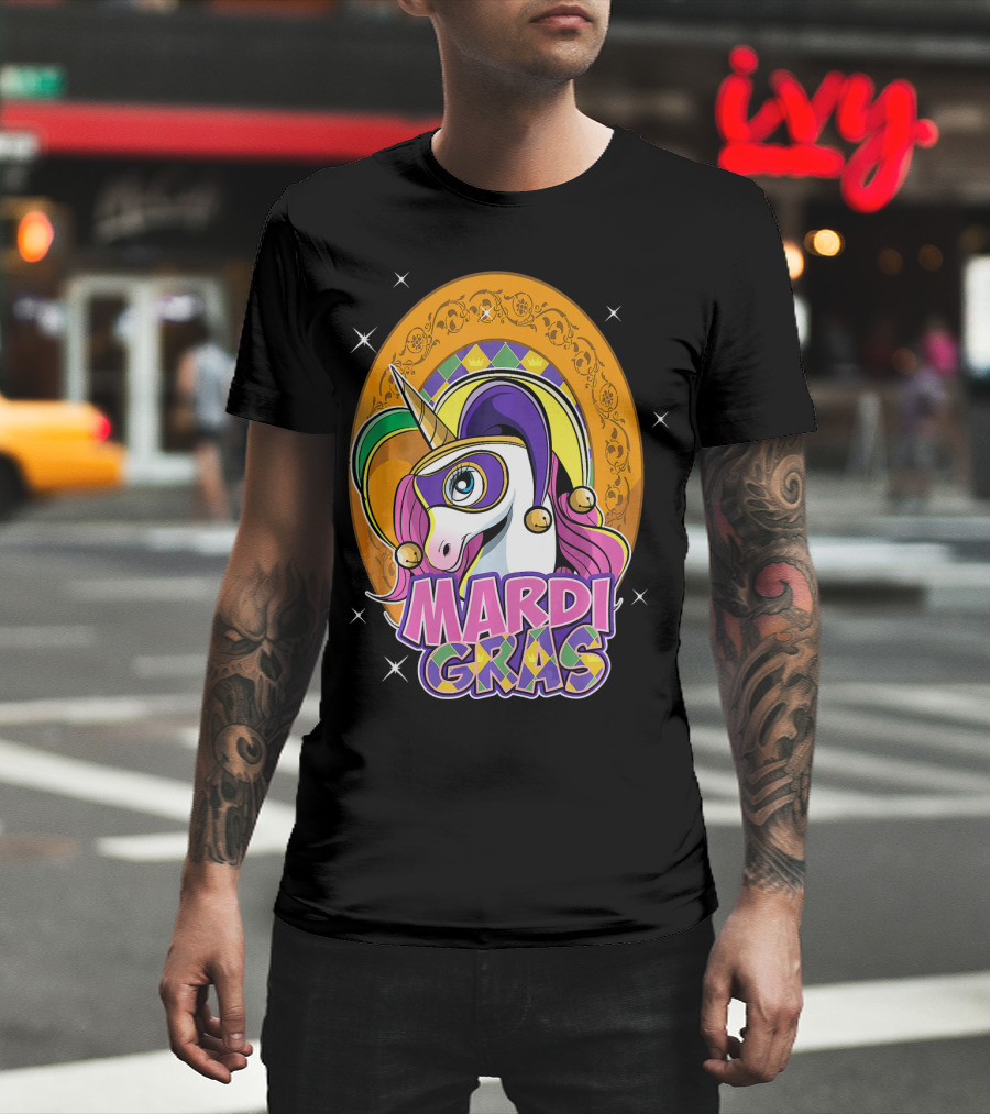 Mardi Gras Unicorn Mask Jester With Colorful Headpiece And Stars T-Shirt