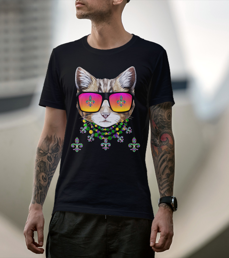 Mardi Gras Cat With Beads And Sunglasses Fleur-de-lis Icons T-Shirt