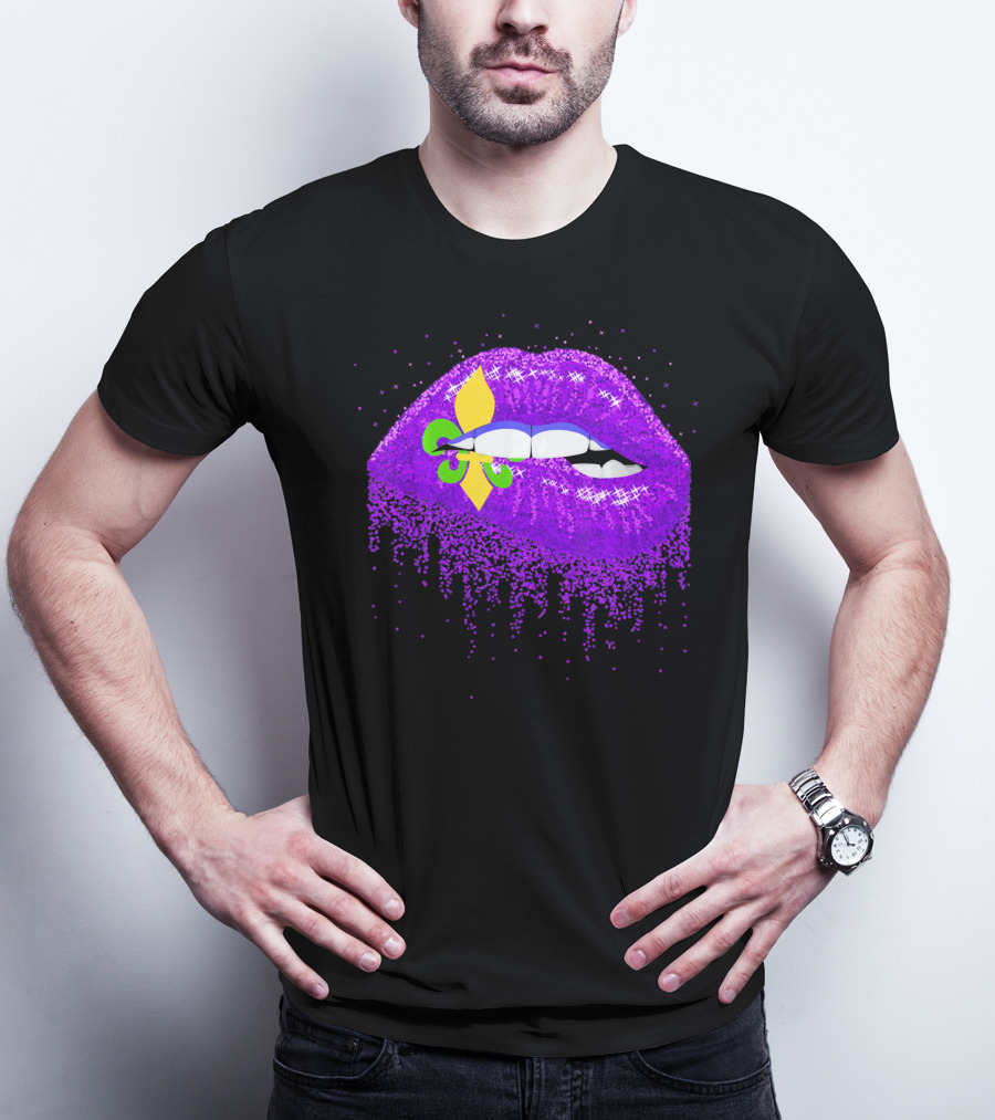 Funny Mardi Gras Purple Glitter Lips With Fleur-de-Lis T-Shirt