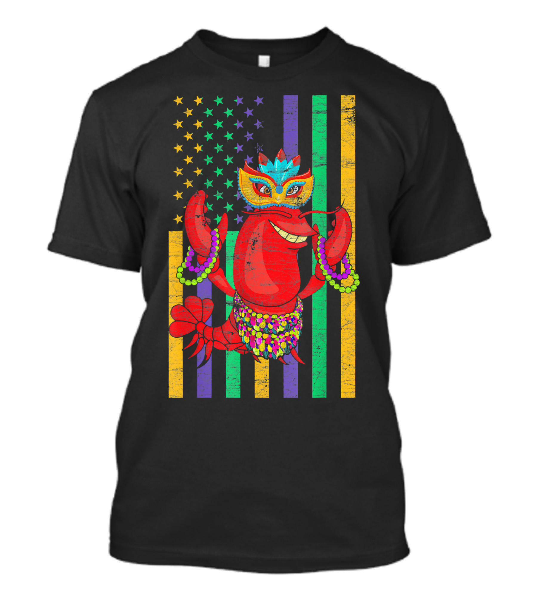 Funny Mardi Gras Crawfish In Bead Jester Hat With Colorful Star Stripes T-Shirt