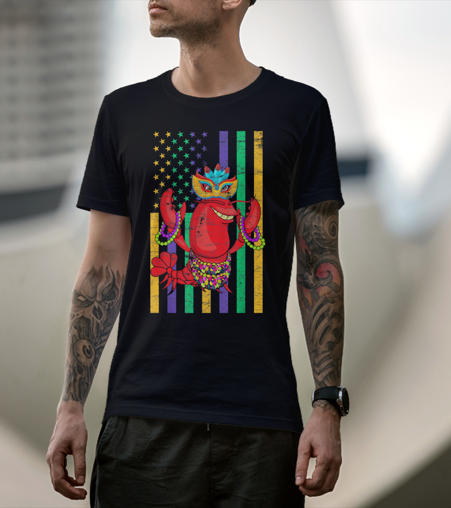 Funny Mardi Gras Crawfish In Bead Jester Hat With Colorful Star Stripes T-Shirt