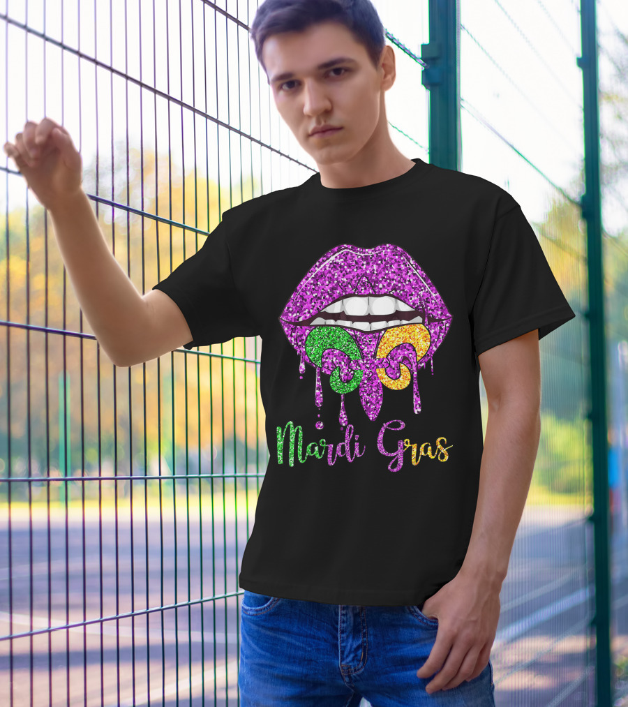 Mardi Gras Lip Biting Fleur De Lis Diamond Shining Co T-Shirt
