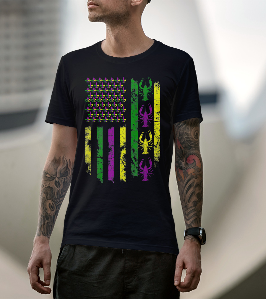 Mardi Gras Fleur-de-Lis Crawfish Flag In Purple Green Gold T-Shirt
