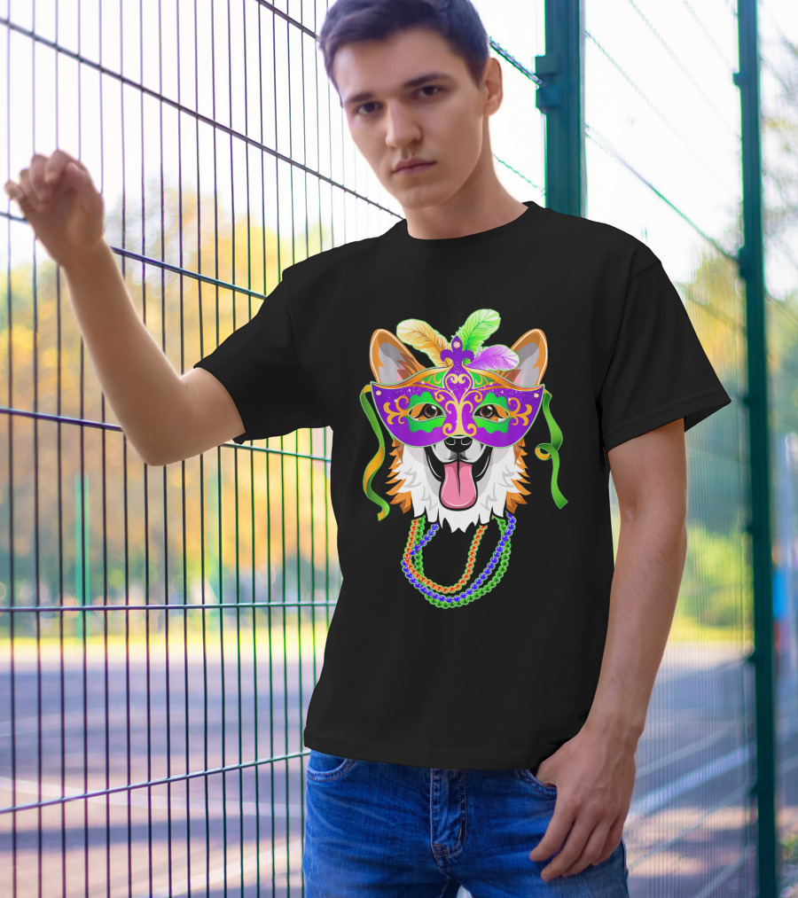 Mardi Gras Corgi Mask With Colorful Beads And Feathers T-Shirt