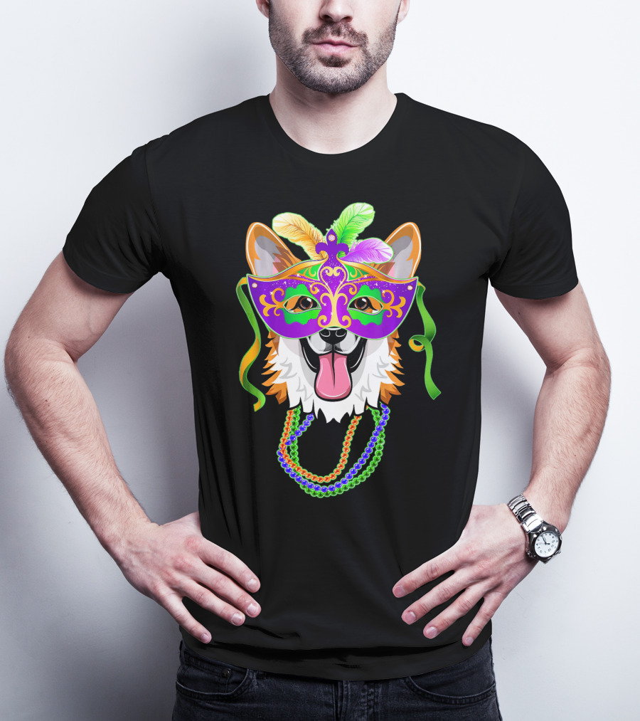 Mardi Gras Corgi Mask With Colorful Beads And Feathers T-Shirt