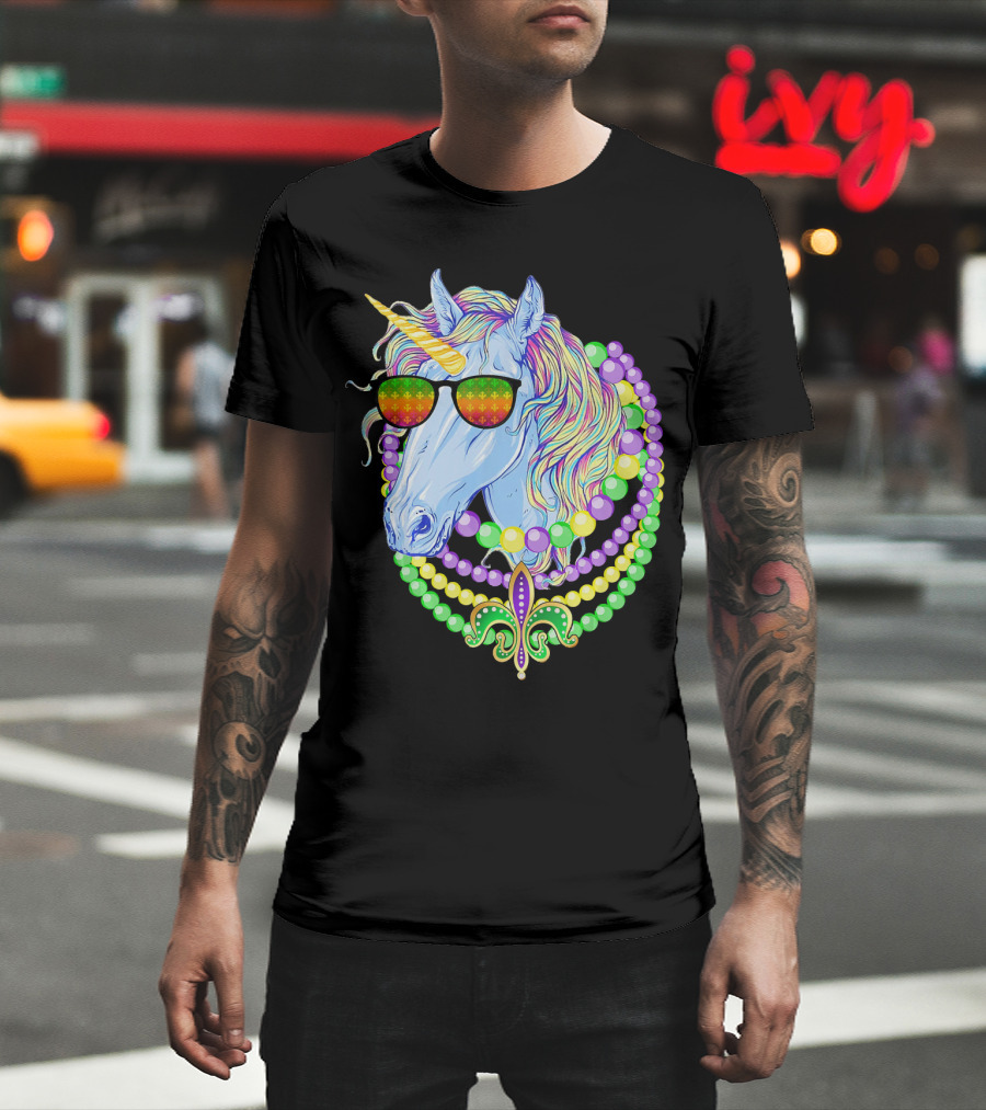 Unicorn With Sunglasses And Colorful Beads Featuring Fleur-de-Lis For Mardi Gras T-Shirt