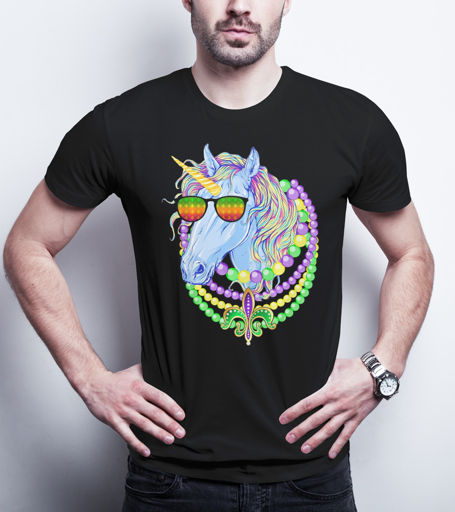Unicorn With Sunglasses And Colorful Beads Featuring Fleur-de-Lis For Mardi Gras T-Shirt