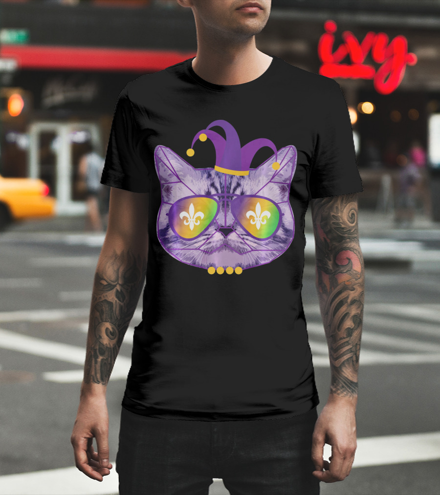 Funny Cat Jester Mask Sunglasses Cat Lover Fleur-de-lis T-Shirt