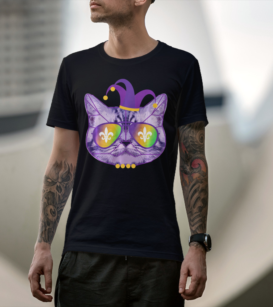Funny Cat Jester Mask Sunglasses Cat Lover Fleur-de-lis T-Shirt