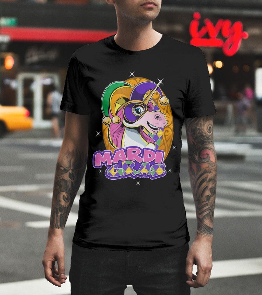 Mardi Gras Unicorn With Jester Hat And Masquerade Mask T-Shirt