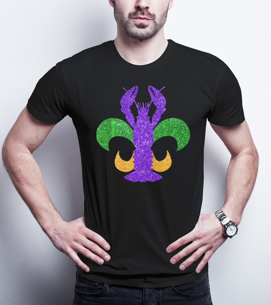 Awesome Mardi Gras Fleur De Lis Crawfish Glitter T-Shirt