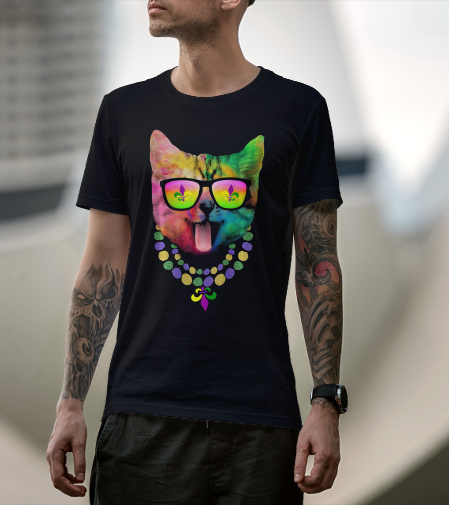 Cool Cat Mardi Gras Costume With Colorful Beads And Sunglasses Fleur-de-Lis T-Shirt