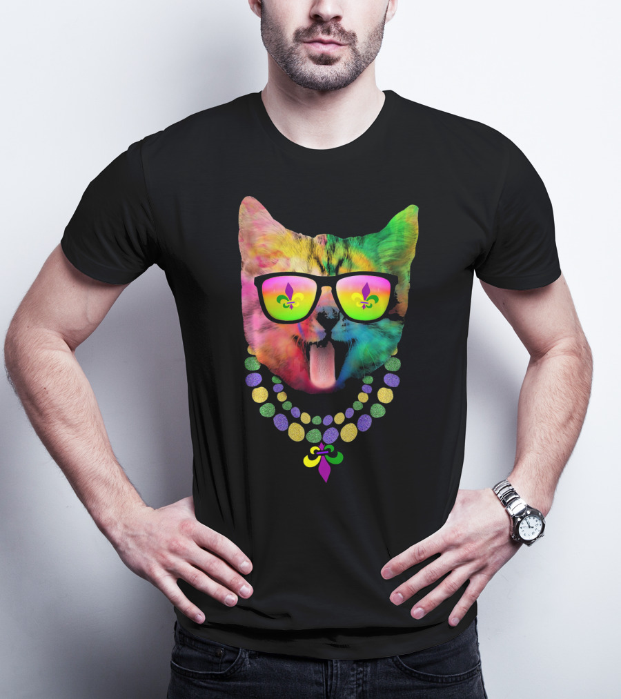 Cool Cat Mardi Gras Costume With Colorful Beads And Sunglasses Fleur-de-Lis T-Shirt