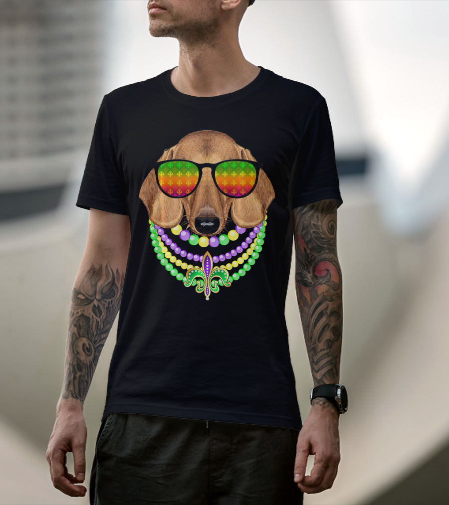 Mardi Gras Dachshund Beads Fleur-de-Lis Sunglasses T-Shirt