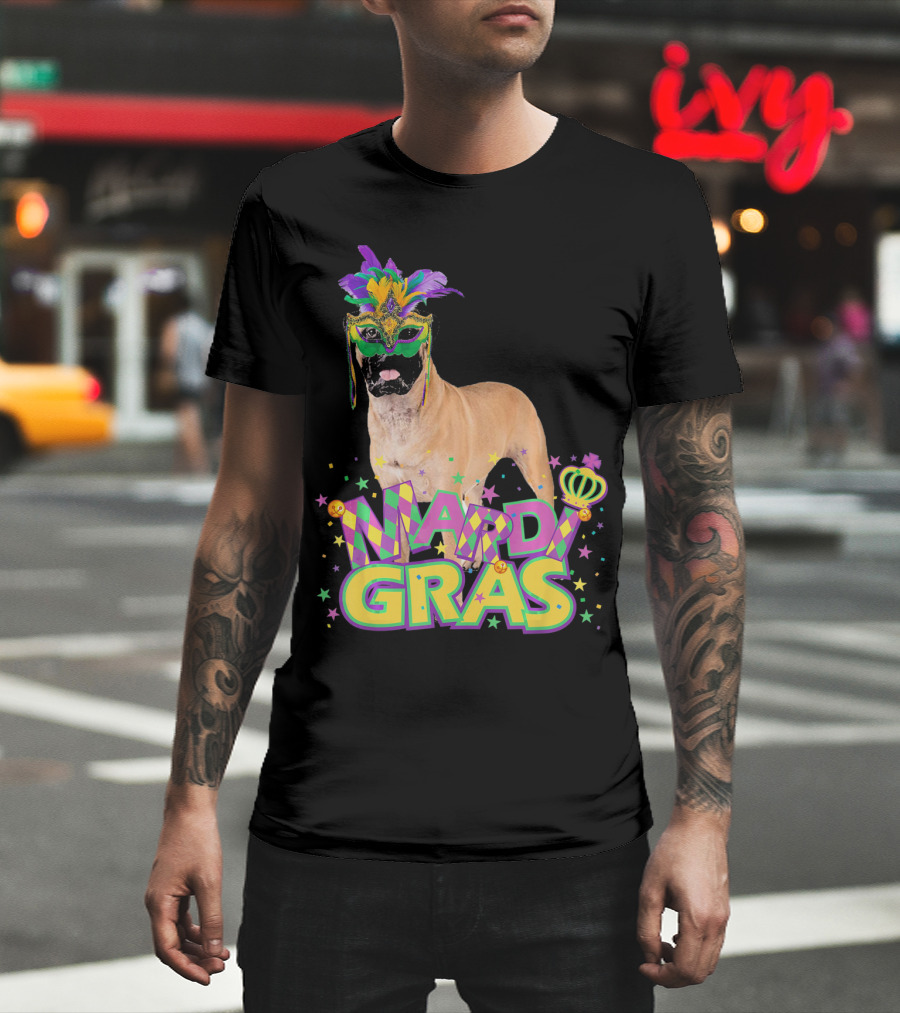 Mardi Gras Bullmastiff Mask Feathers Stars T-Shirt