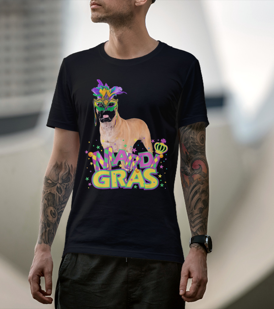 Mardi Gras Bullmastiff Mask Feathers Stars T-Shirt