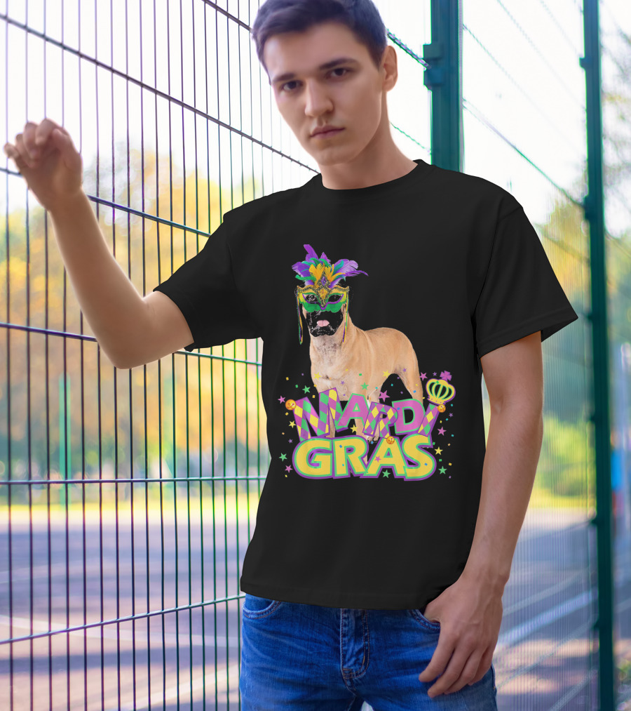 Mardi Gras Bullmastiff Mask Feathers Stars T-Shirt