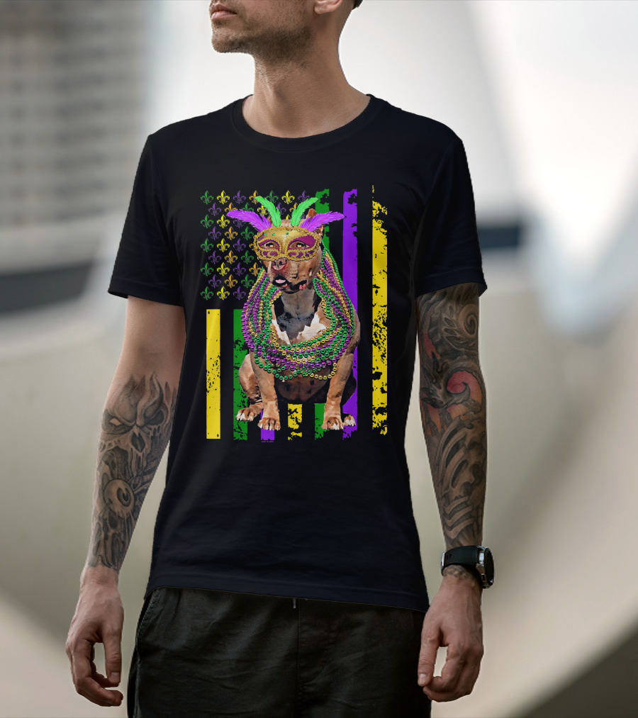 Pitbull Wearing Mardi Gras Beads And Mask With American Flag And Fleur De Lis T-Shirt