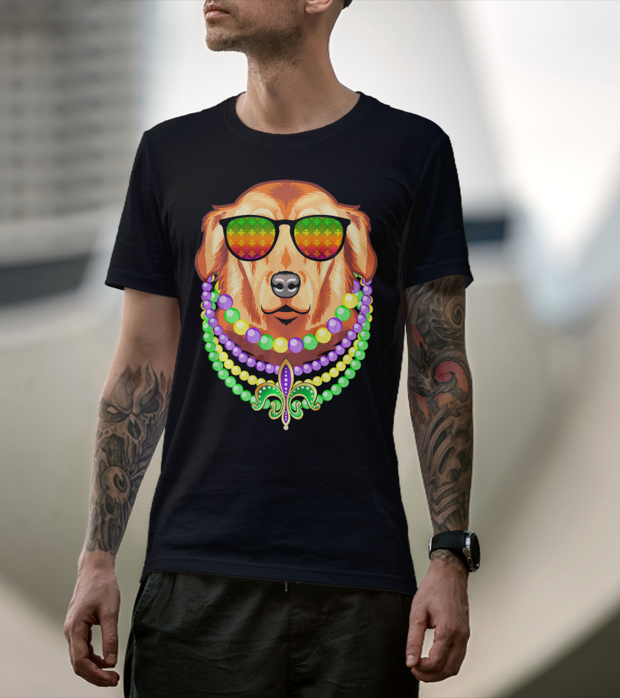 Beads And Golden Retriever Mardi Gras Fleur-de-Lis Colorful Glam Co T-Shirt
