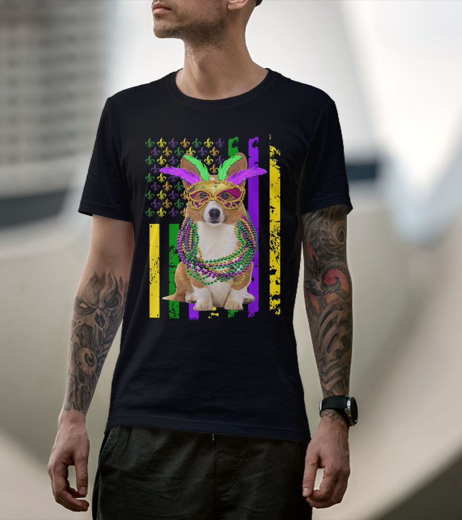 Corgi Mardi Gras American Flag With Beads And Mask T-Shirt