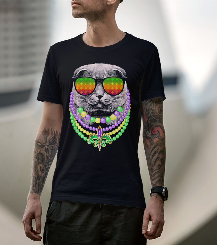 Mardi Gras Cat In Sunglasses With Beads And Fleur-de-Lis T-Shirt