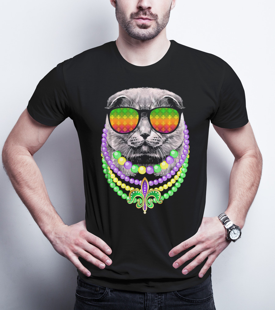 Mardi Gras Cat In Sunglasses With Beads And Fleur-de-Lis T-Shirt
