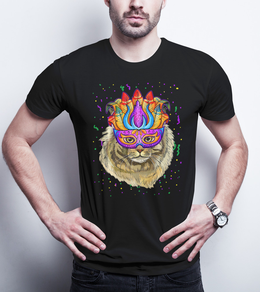 Mardi Gras Maine Coon Cat Colorful Mask Beads Festive T-Shirt